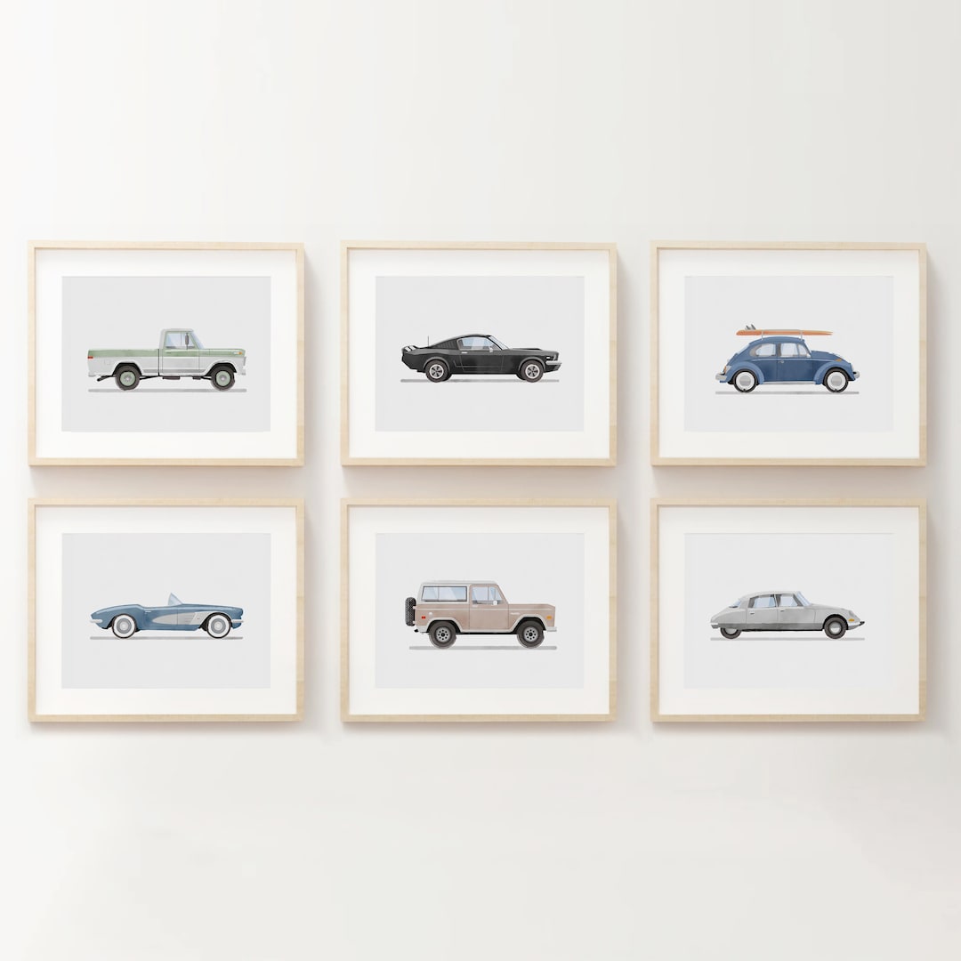 Set of 6 Vintage Vehicle Prints, Boys Room Decor, Retro Car Prints for ...