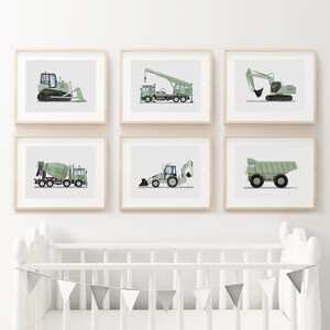 Set of 6 Sage Green Construction Vehicle Prints, Construction Wall Art ...
