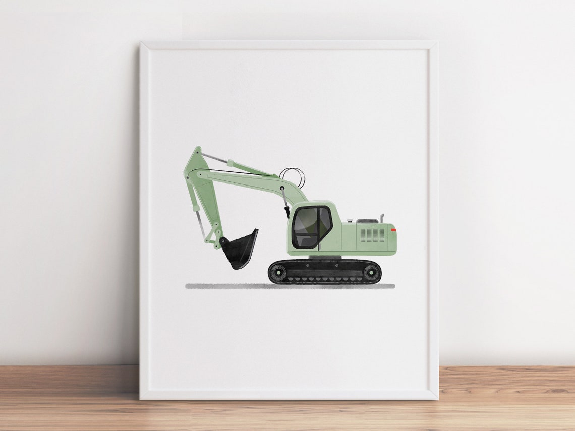 Vertical Set of 6 Sage Green Construction Vehicle Prints, Construction ...