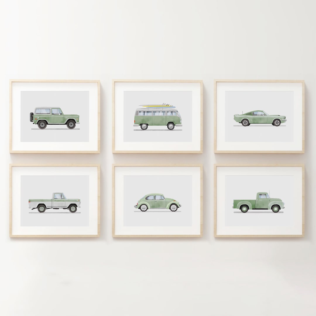 Set of 6 Vintage Sage Green Vehicle Prints, Boys Room Decor, Retro Car ...