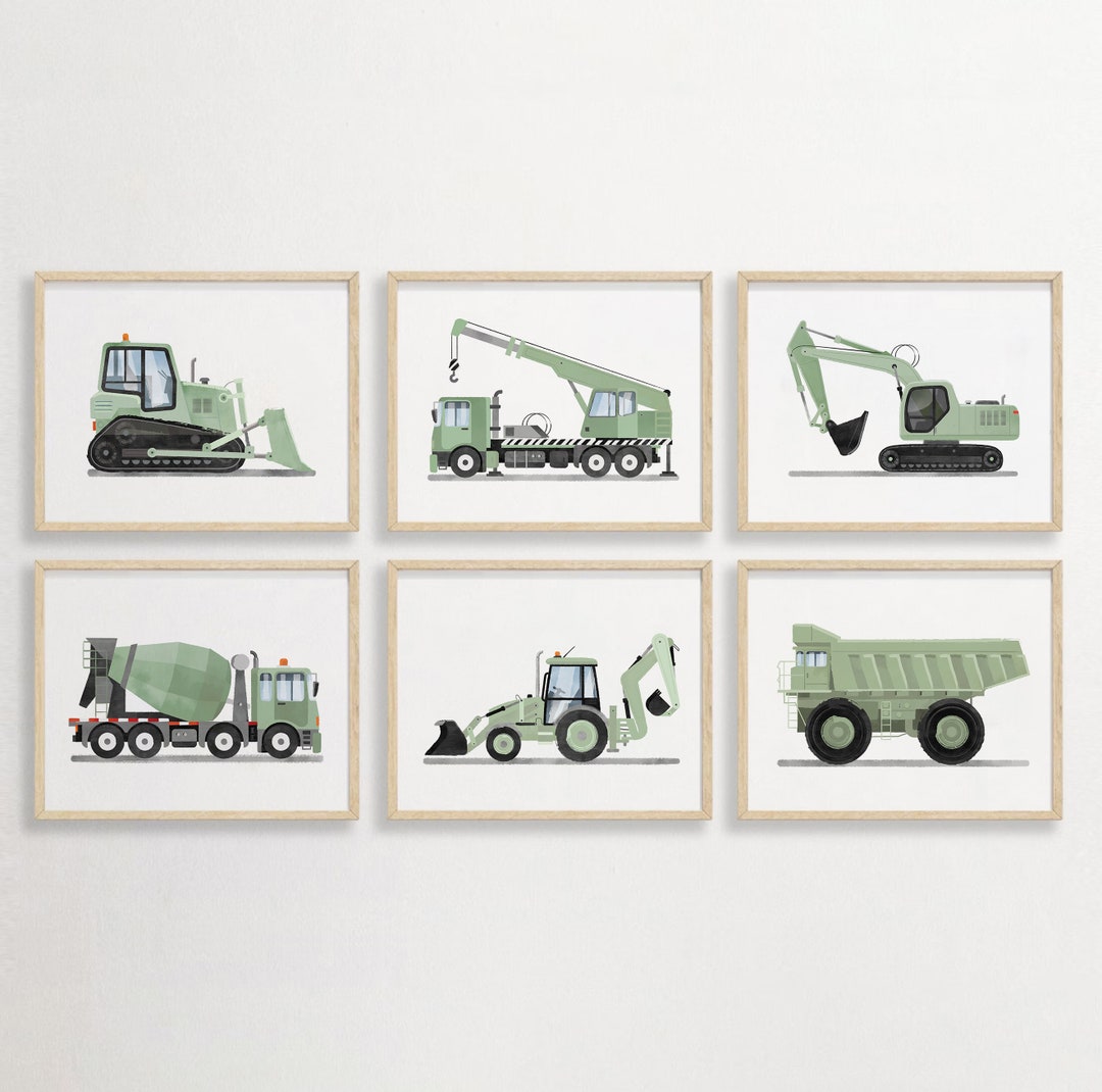 Set of 6 Sage Green Construction Vehicle Prints, Construction Wall Art ...