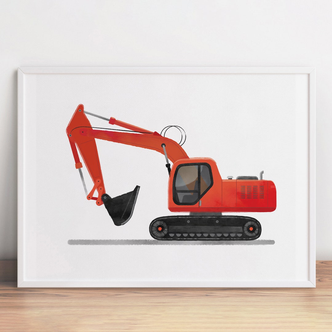 Red Excavator Print, Digger Wall Decor, Toddler Wall Art, Construction ...