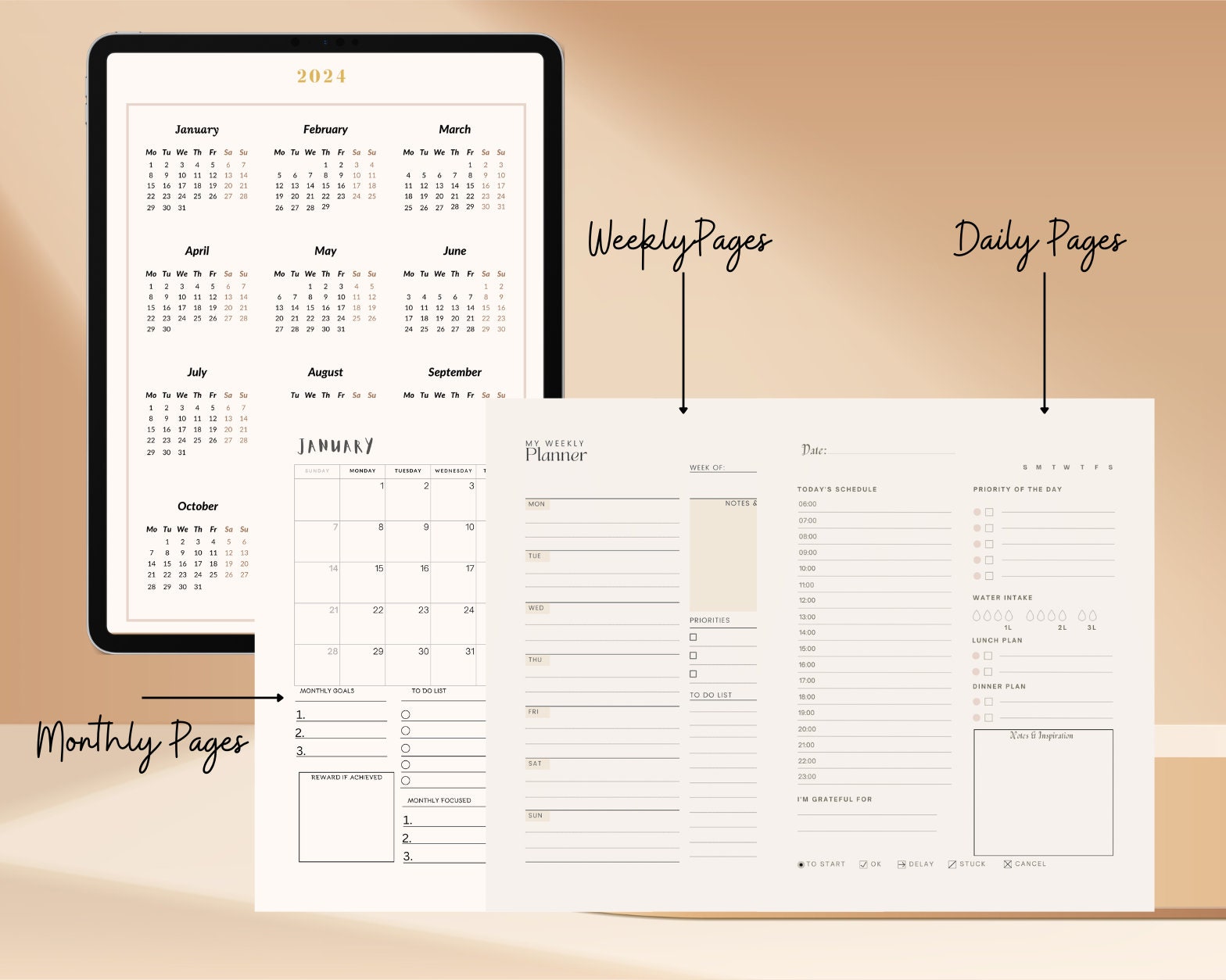2024 Digital Planner Minimalist Daily Weekly and Monthly Planner Dated ...