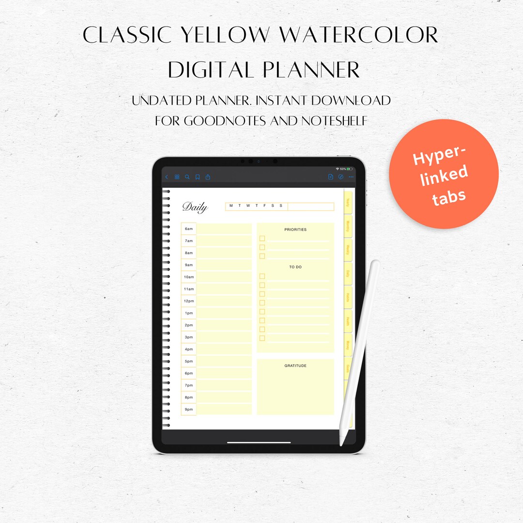 Classic Yellow Watercolor Digital Planner, iPad Planner, Undated ...