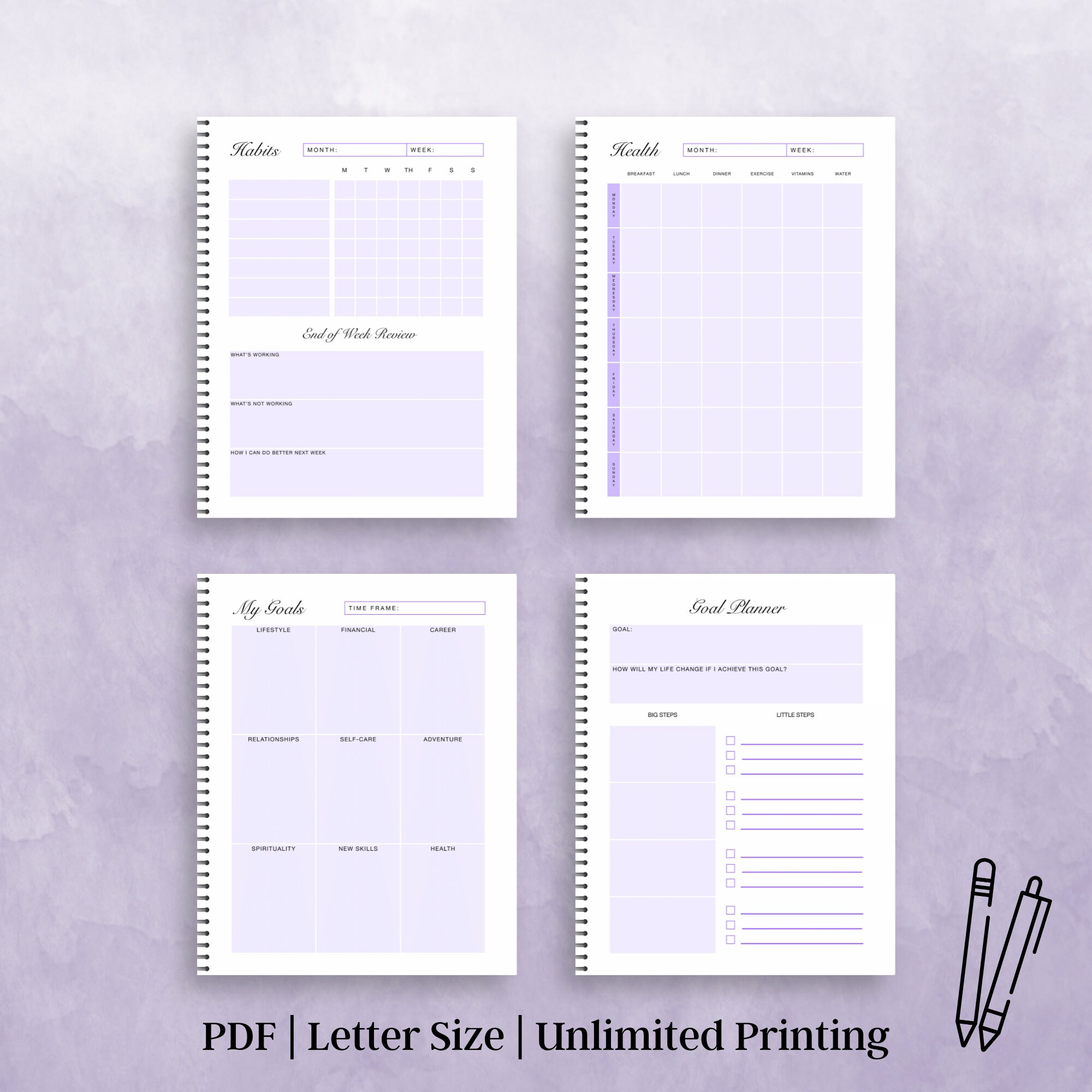 Purple Printable Planner, Undated Planner, Planner Inserts, Life ...