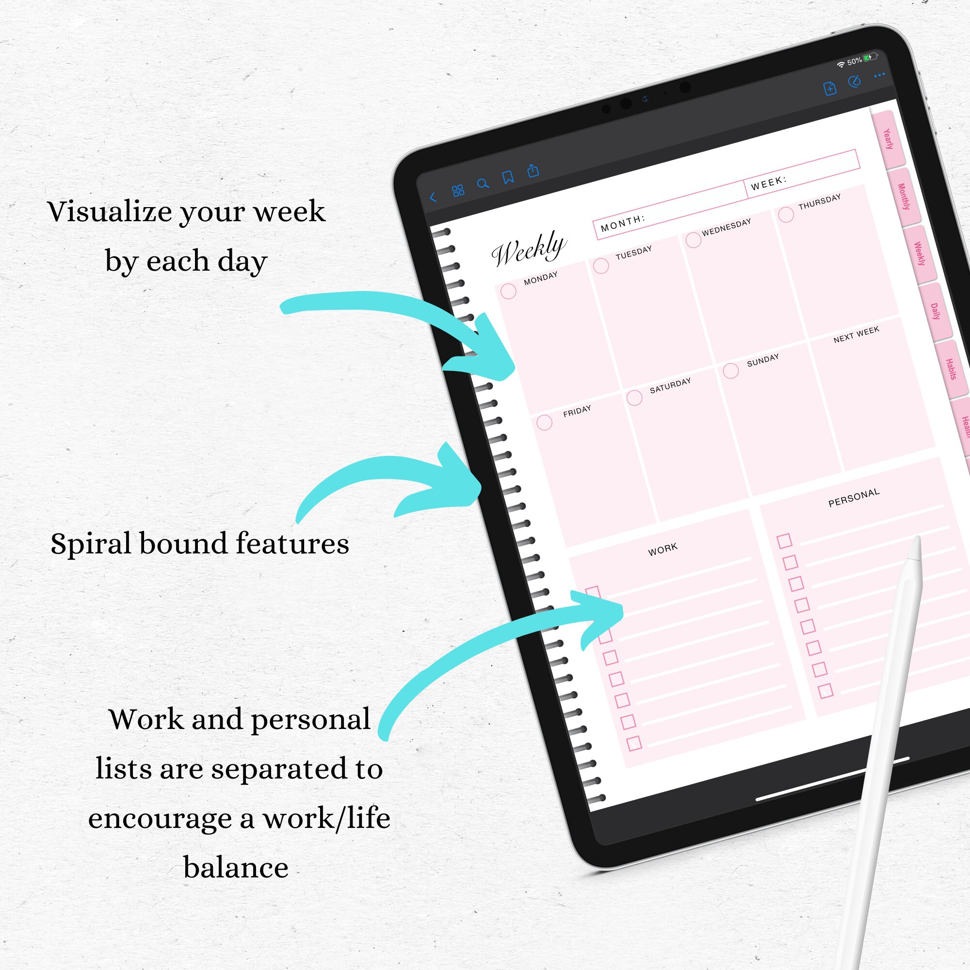 Classic Pink Watercolor Digital Planner, iPad Planner, Undated Planner ...