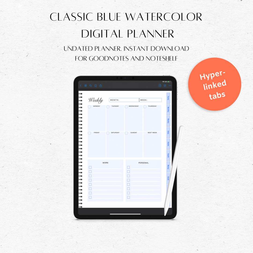 Classic Blue Watercolor Digital Planner, iPad Planner, Undated Planner ...