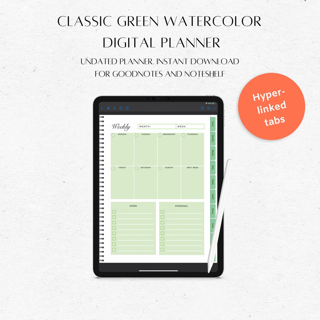 Classic Green Watercolor Digital Planner, iPad Planner, Undated Planner ...
