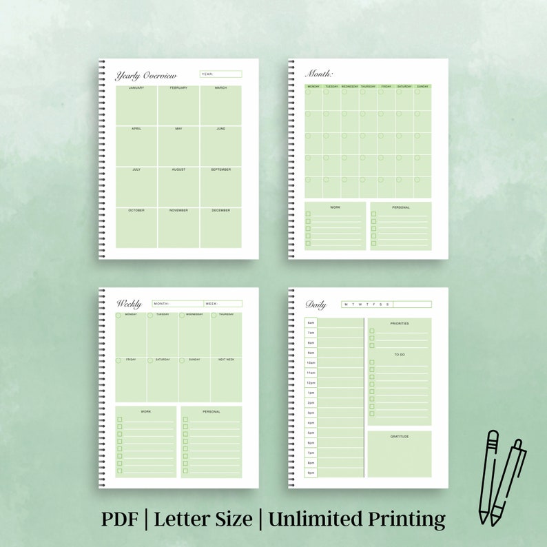 Green Printable Planner, Undated Planner, Planner Inserts, Life ...