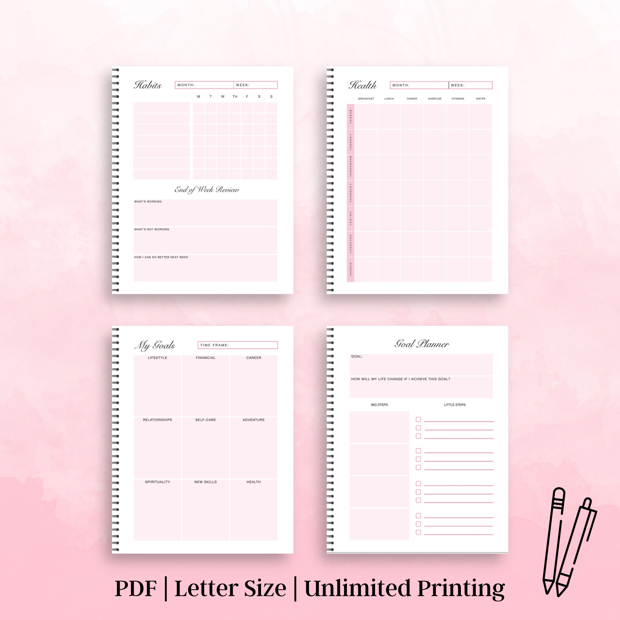 Pink Printable Planner, Undated Planner, Planner Inserts, Life ...