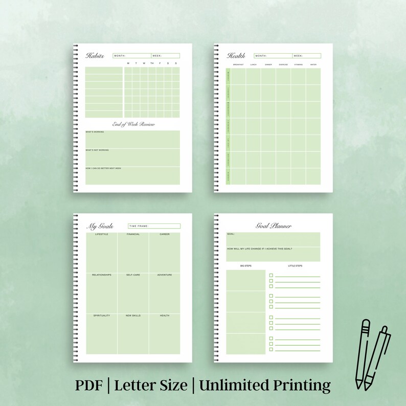 Green Printable Planner, Undated Planner, Planner Inserts, Life ...