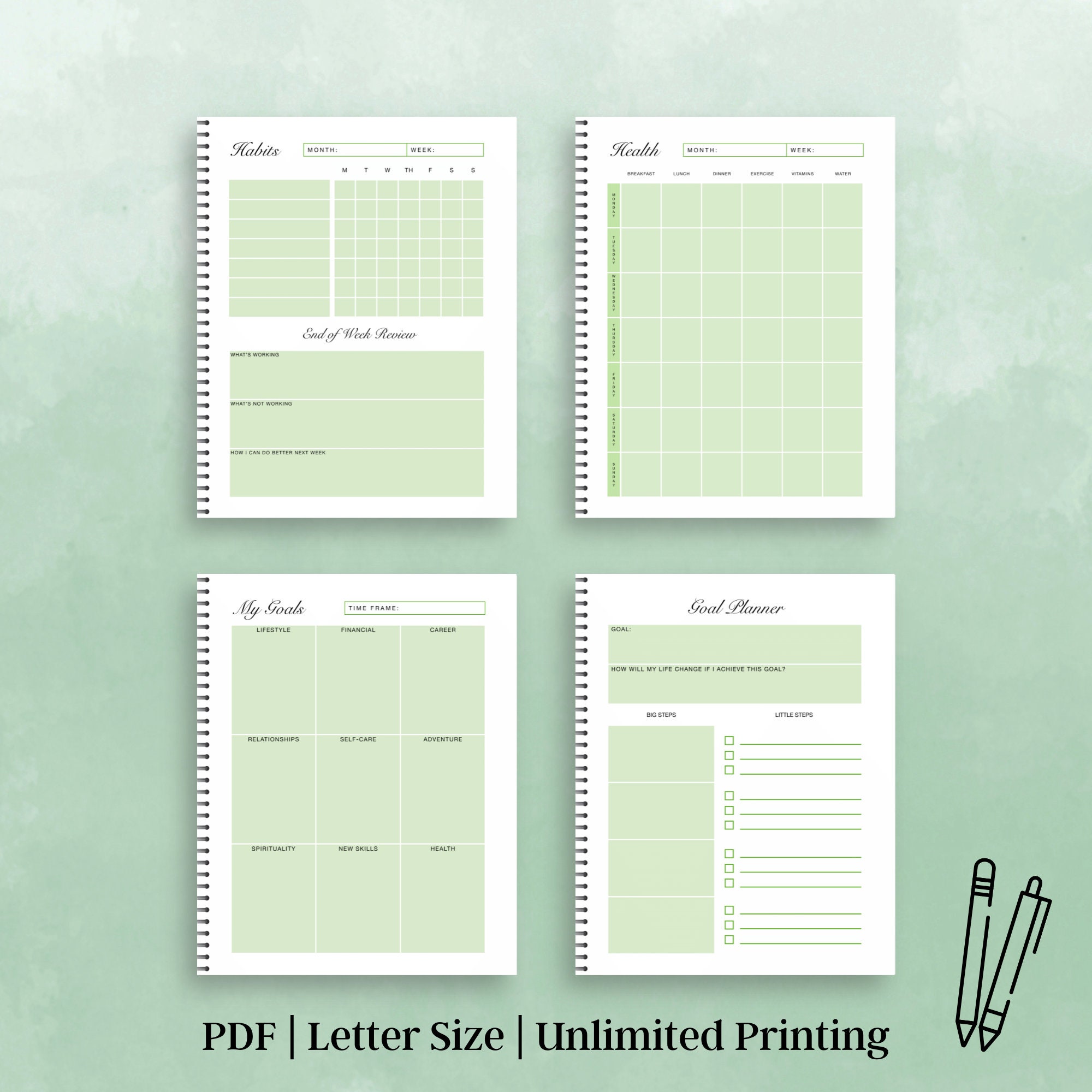 Green Printable Planner, Undated Planner, Planner Inserts, Life ...