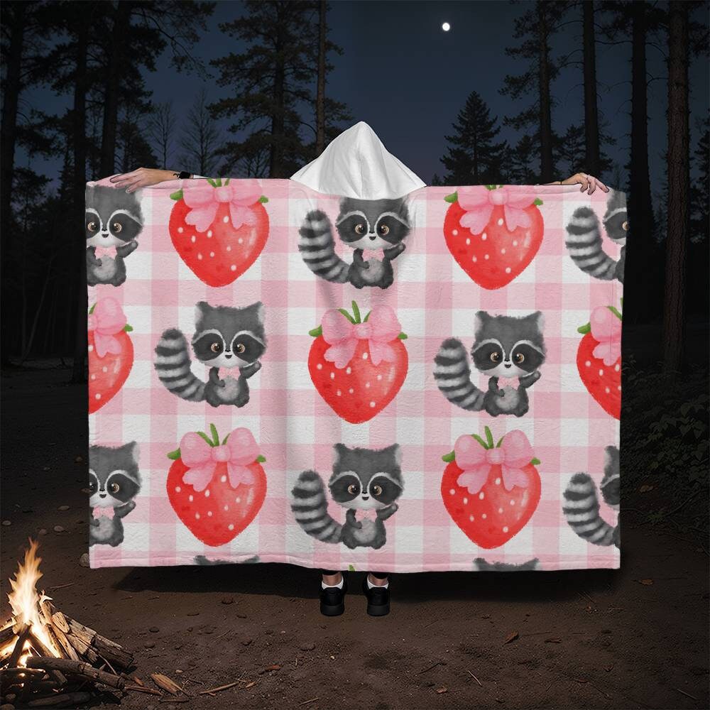 Cozy Coquette Raccoon Strawberry Bow Hooded Sherpa Fleece Blanket ...