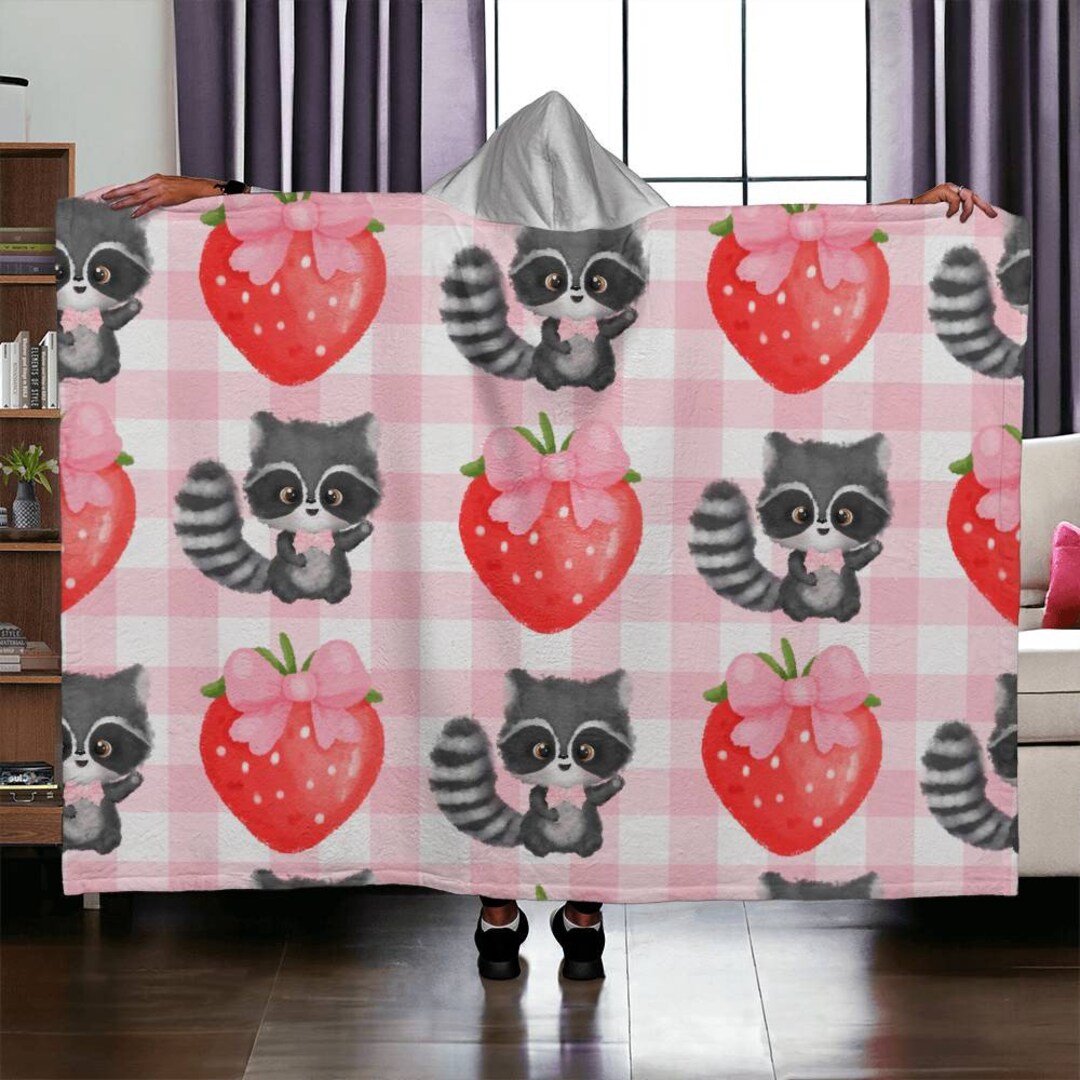 Cozy Coquette Raccoon Strawberry Bow Hooded Sherpa Fleece Blanket ...