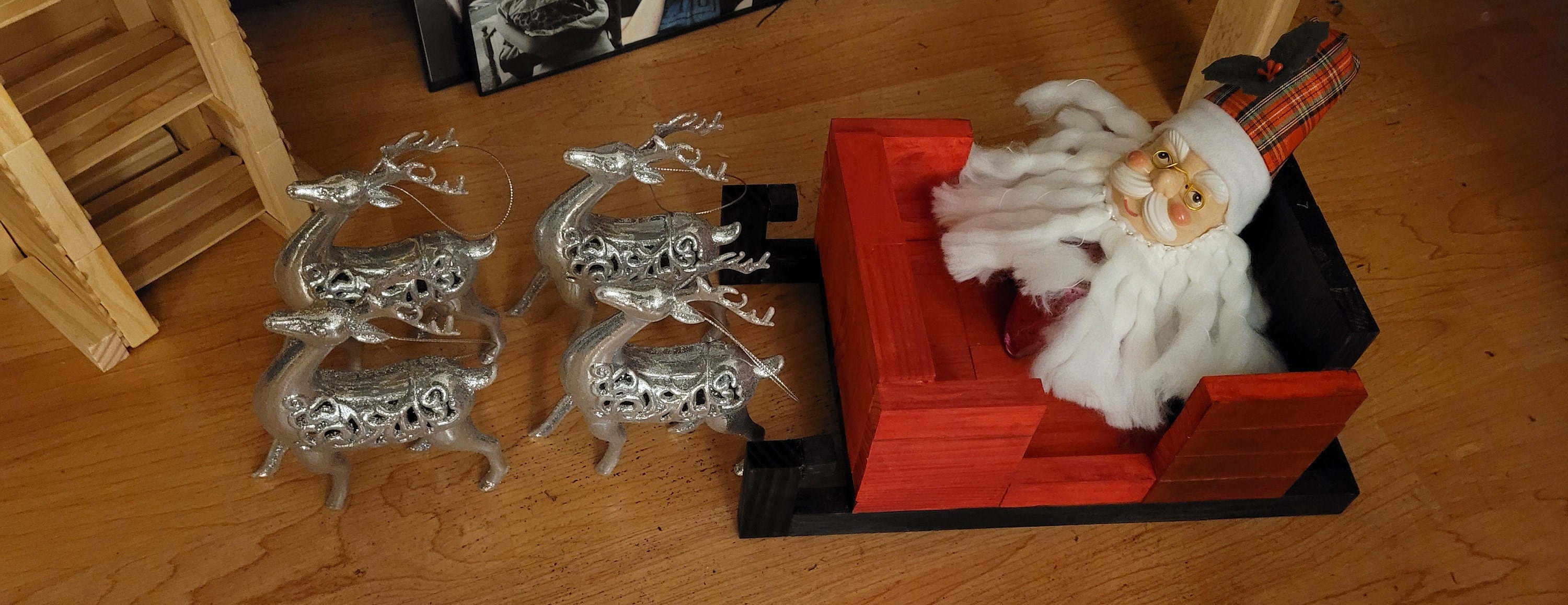 Homemade Jenga Sleigh With 4 Reindeer and Plush Santa - Etsy