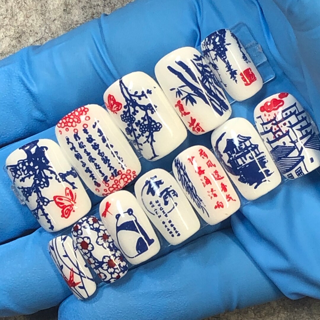 22 Short Square Nails, FULL SET, Glossy, Pre-buffed, Red Blue White ...