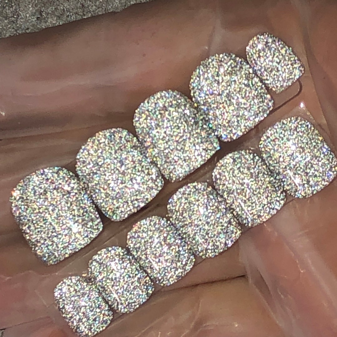 REFLECTIVE 22 Extra Short Square Press on Nails, FULL SET, Silver Gray ...