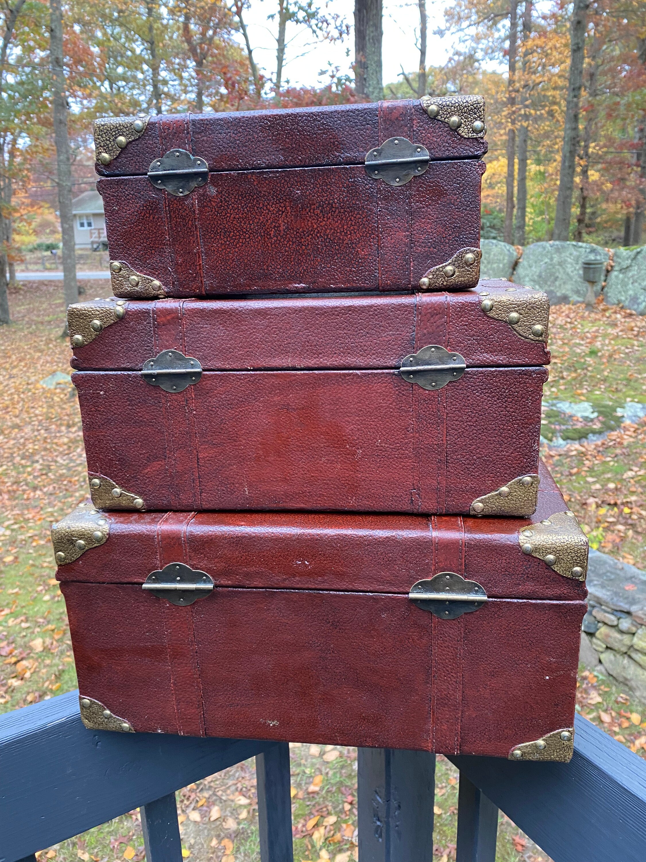 Funky Vintage Trio of Faux Russet Leather With Brass Embellishments ...