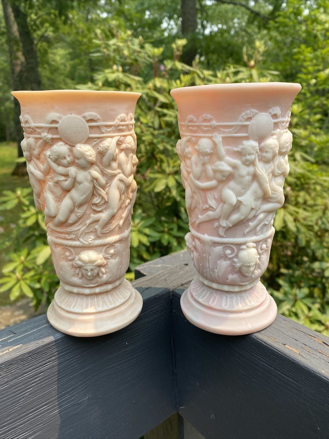 Rare Vintage Pair of Incolay Pink Vases Raised Relief Classic Home ...