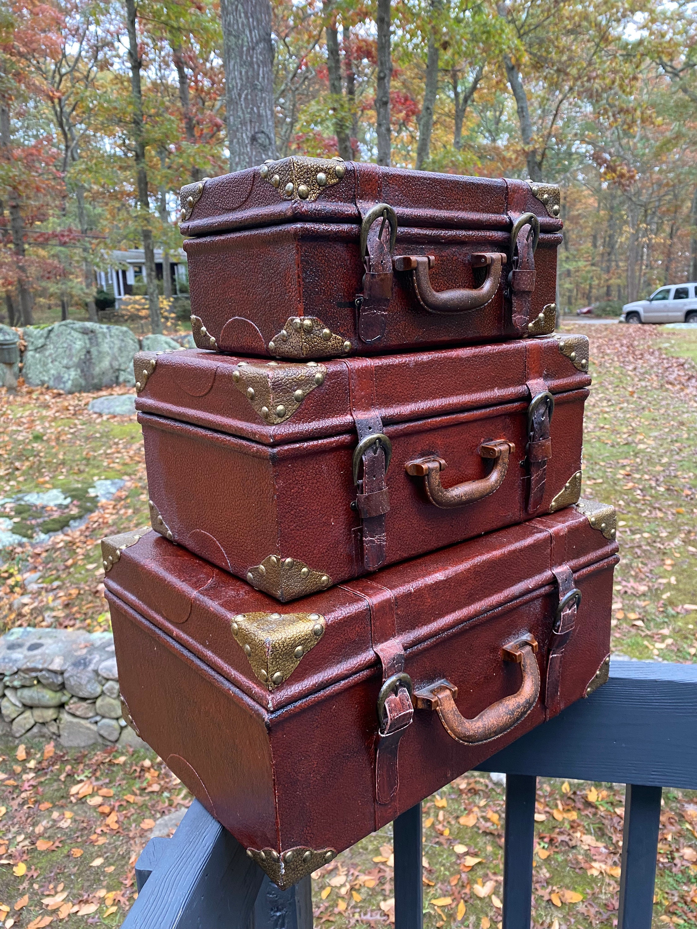 Funky Vintage Trio of Faux Russet Leather With Brass Embellishments ...