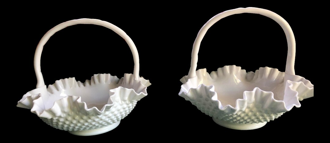 Vintage Pair of Fenton Hobnail Milk Glass Handled Baskets Country ...