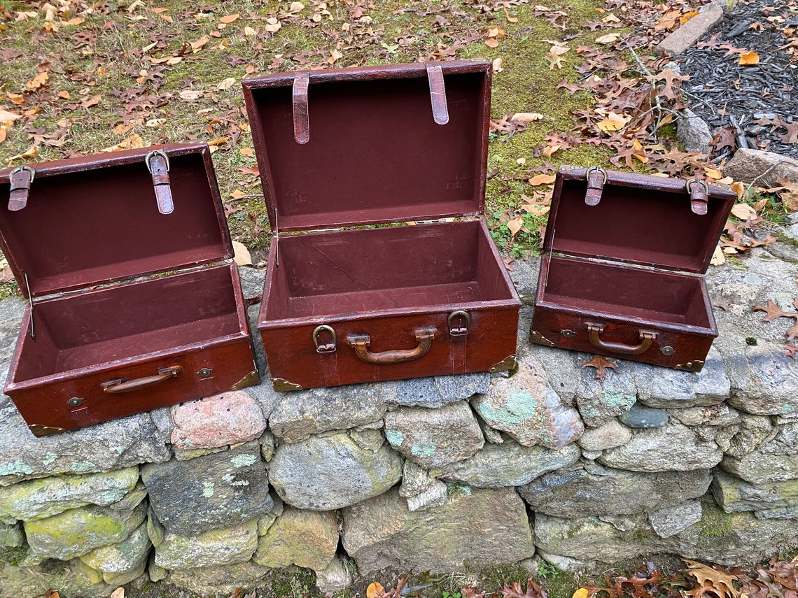 Funky Vintage Trio of Faux Russet Leather With Brass Embellishments ...