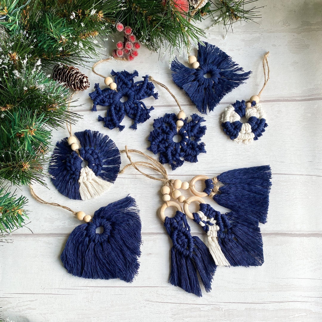 Navy Blue Macrame Decorations, Boho Tassel Christmas Decorations, Navy ...