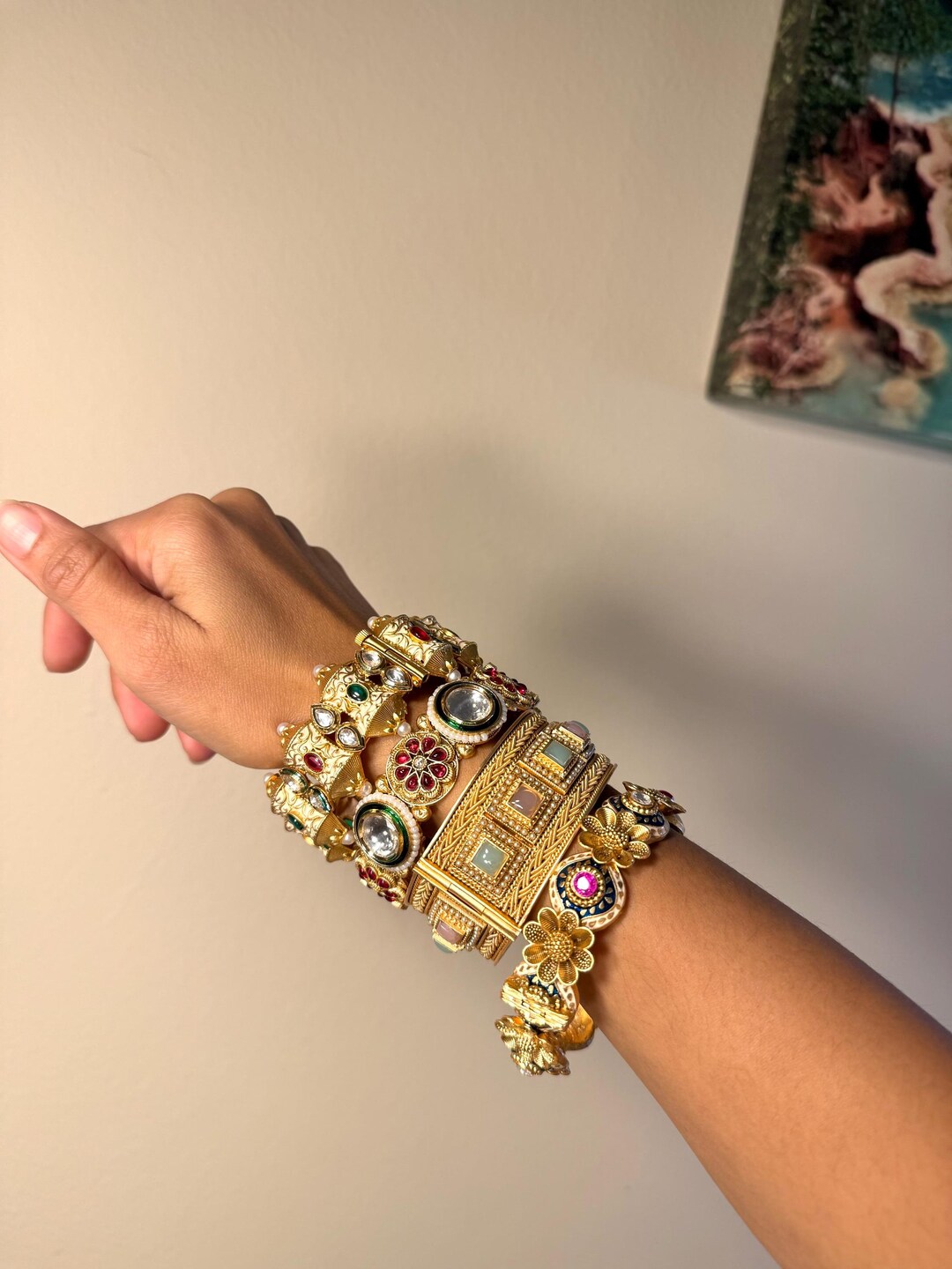 Ruby Emerald Meenakari Polki Antique Rajwadi Gold Ethnic Kada Bangles ...