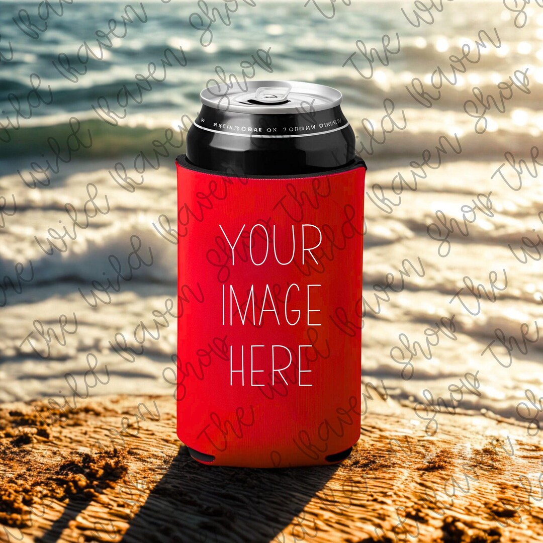 Red Can Cooler Sleeve- Beach Scene- Design Mock Up - Etsy