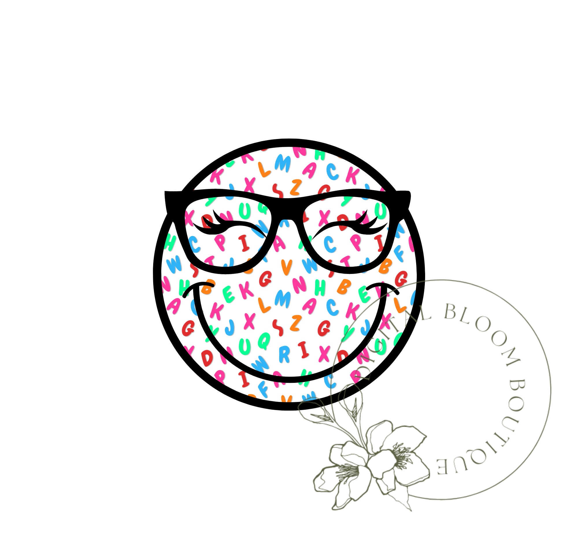 Teacher PNG ~ Smiley Face ~ Alphabet ~ Eyeglasses ~ Cute DTF Image ...