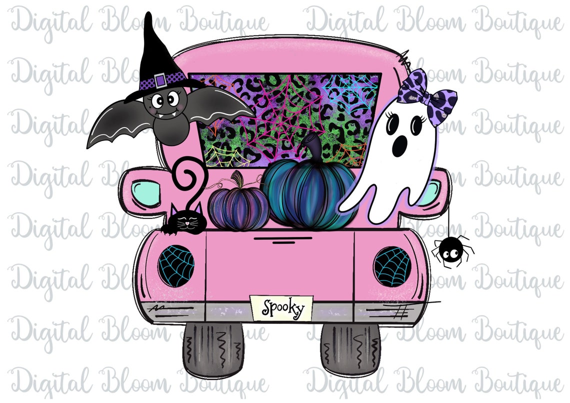 Halloween Truck PNG ~ Spooky ~ Cute Ghost ~ Bat ~ Pink Truck ~ Leopard ...