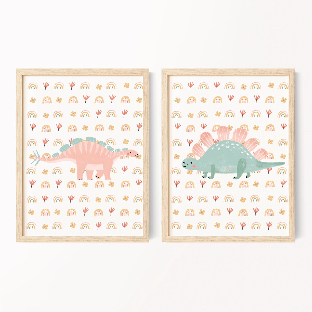 Set of 2 Dino Wall Art, Rainbow Flower Dinosaur Printable, Kids Room ...