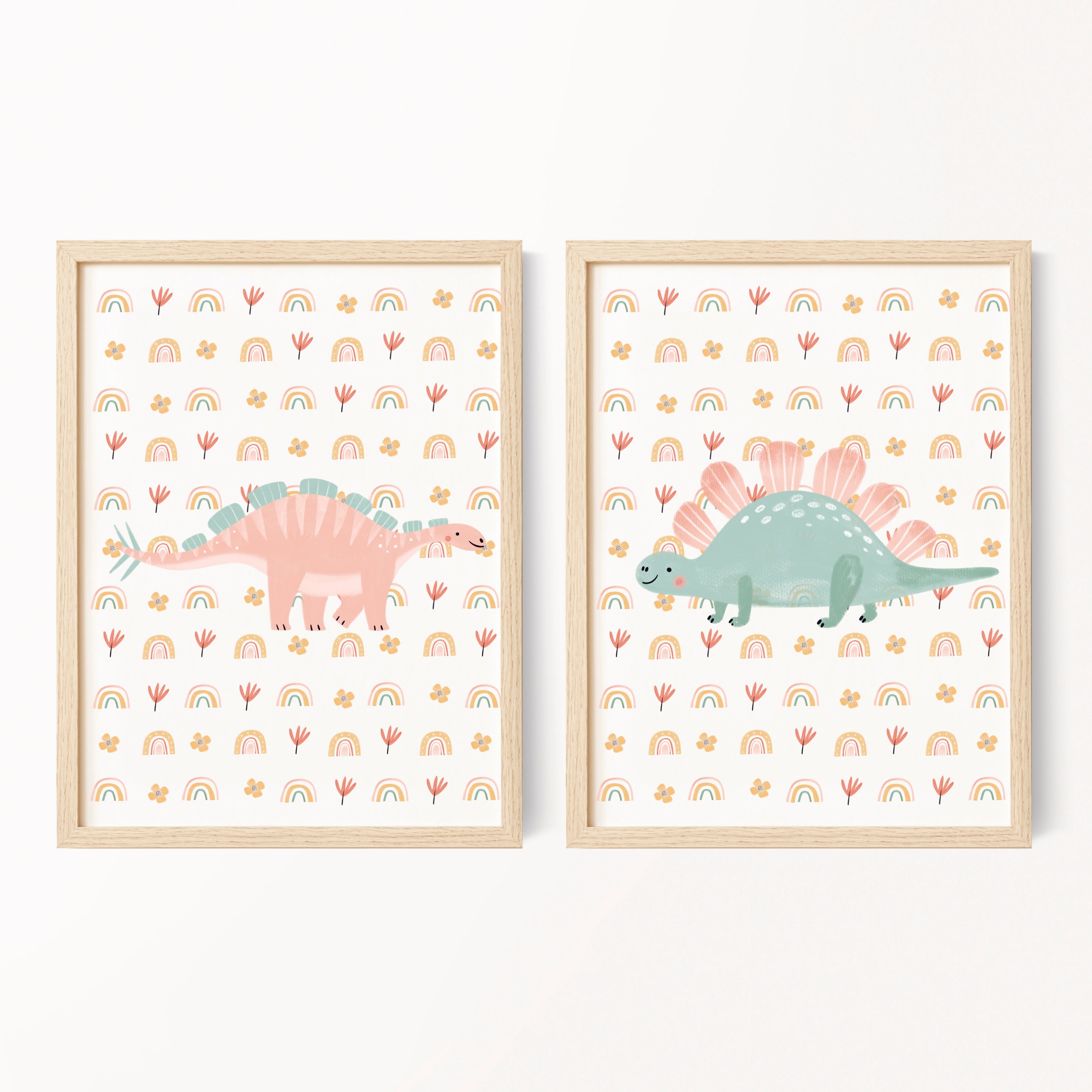 Set of 2 Dino Wall Art Rainbow Flower Dinosaur Printable - Etsy