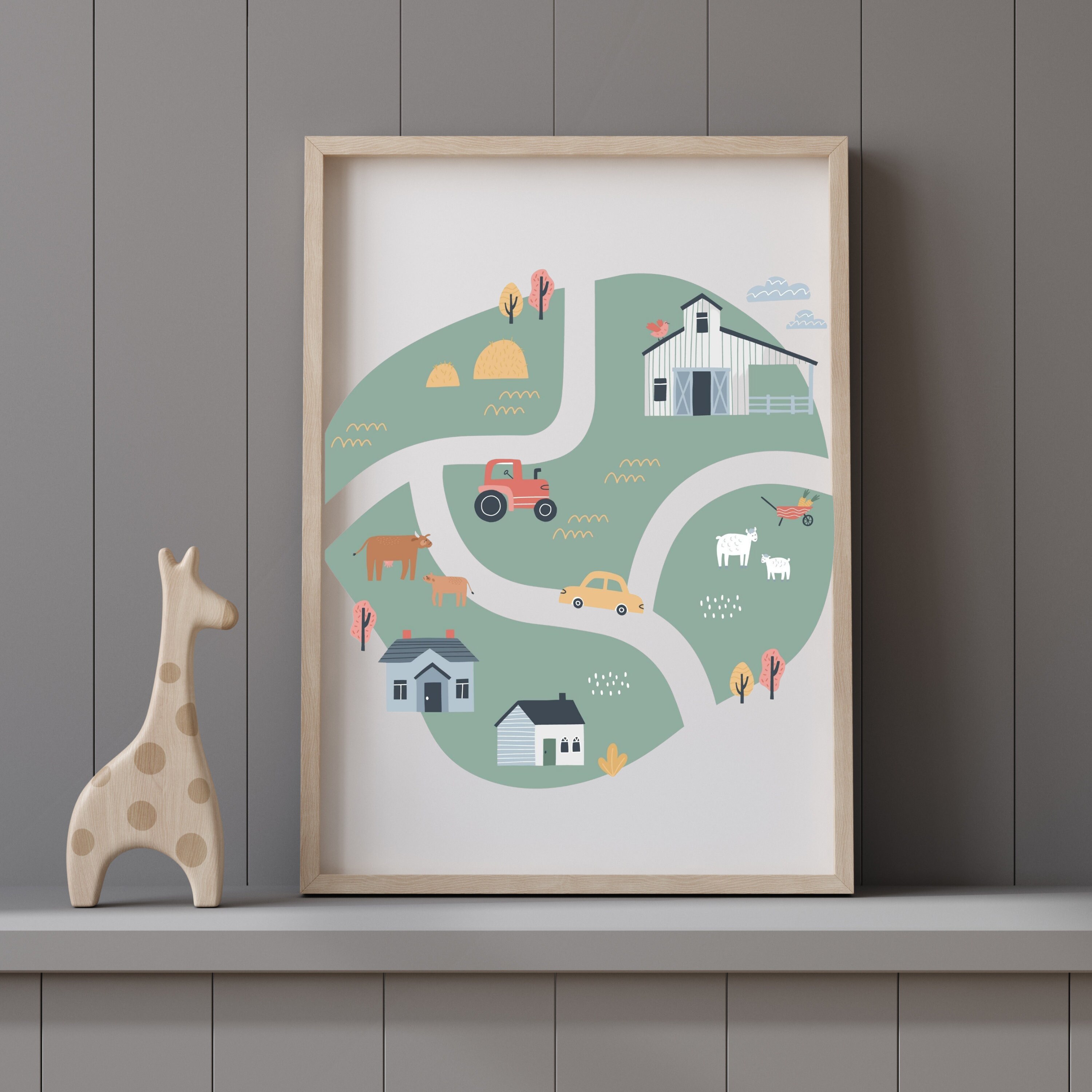 Kids Map Print, Farm Road Map, Farm Nursery Decor, Green Wall Art ...
