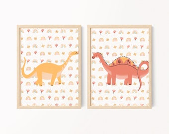 Set of 2 Dino Wall Art, Rainbow Flower Dinosaur Printable, Kids Room ...