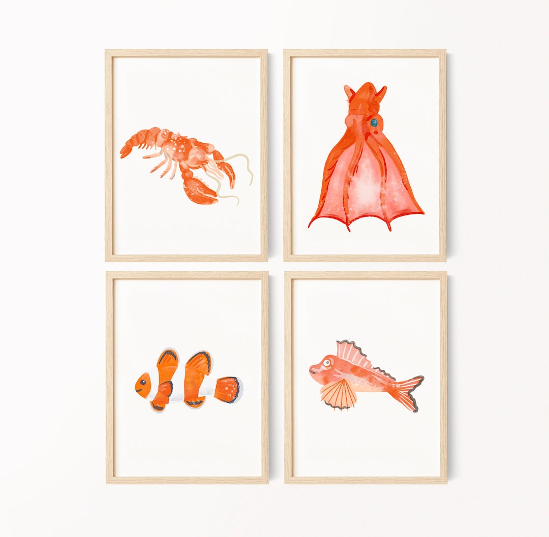 Orange Watercolor Ocean Animal Wall Art Digital Print Kids Room Beach ...