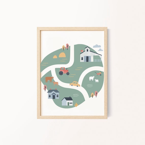 Kids Map Print Farm Road Map Farm Nursery Decor Green Wall | Etsy
