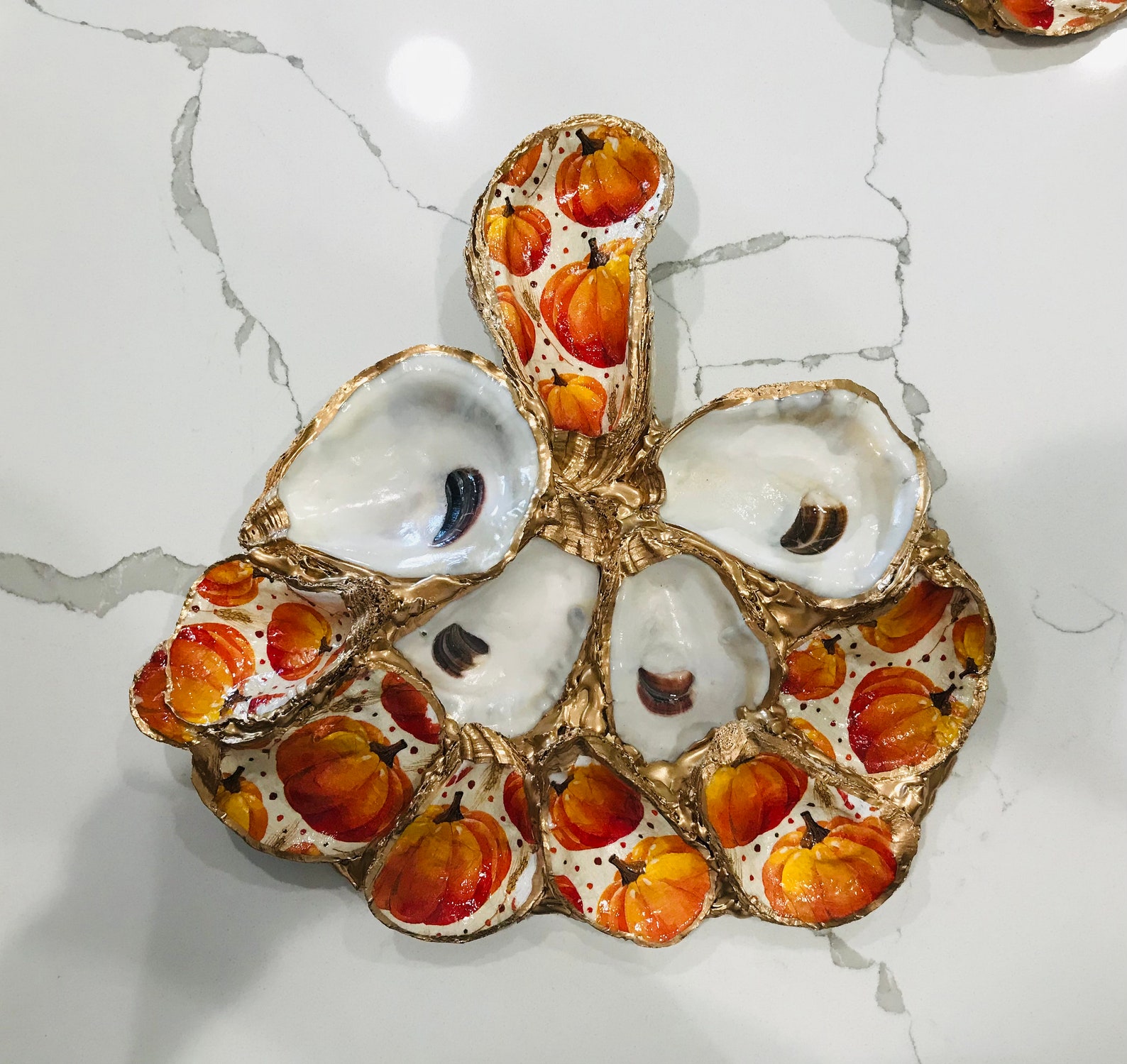 Oyster Shell Pumpkin Fall Decor Unique Coastal Decoupage Orange ...