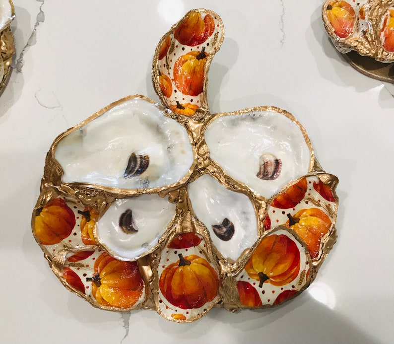 Oyster Shell Pumpkin Fall Decor Unique Coastal Decoupage Orange ...