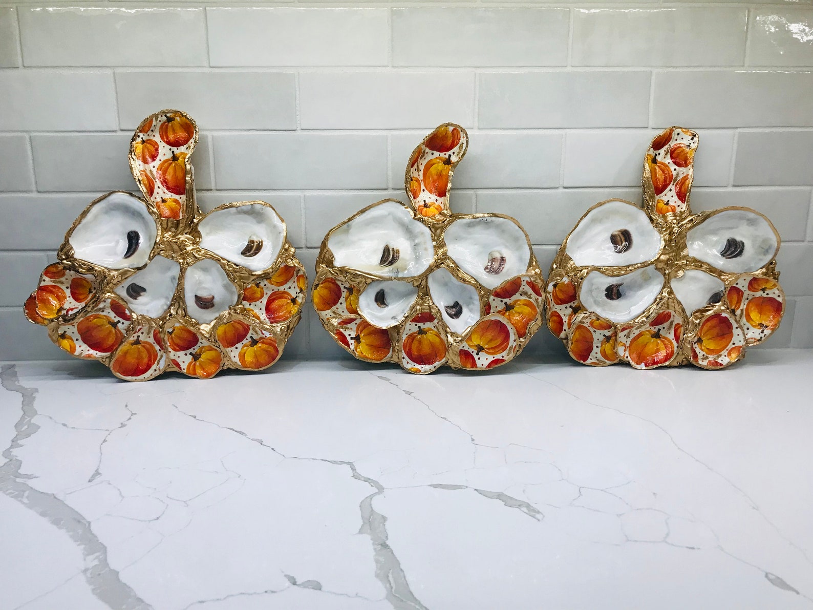 Oyster Shell Pumpkin Fall Decor Unique Coastal Decoupage Orange ...