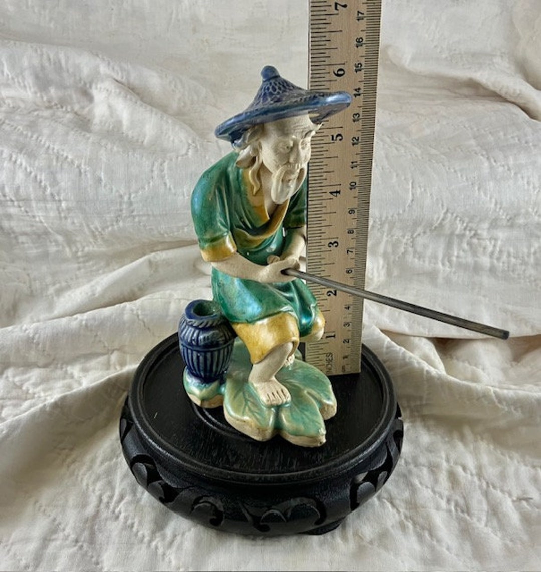 Vintage Shekwan Mud Man Figurine: 1890s Chinese Fisherman With Blue Jar ...