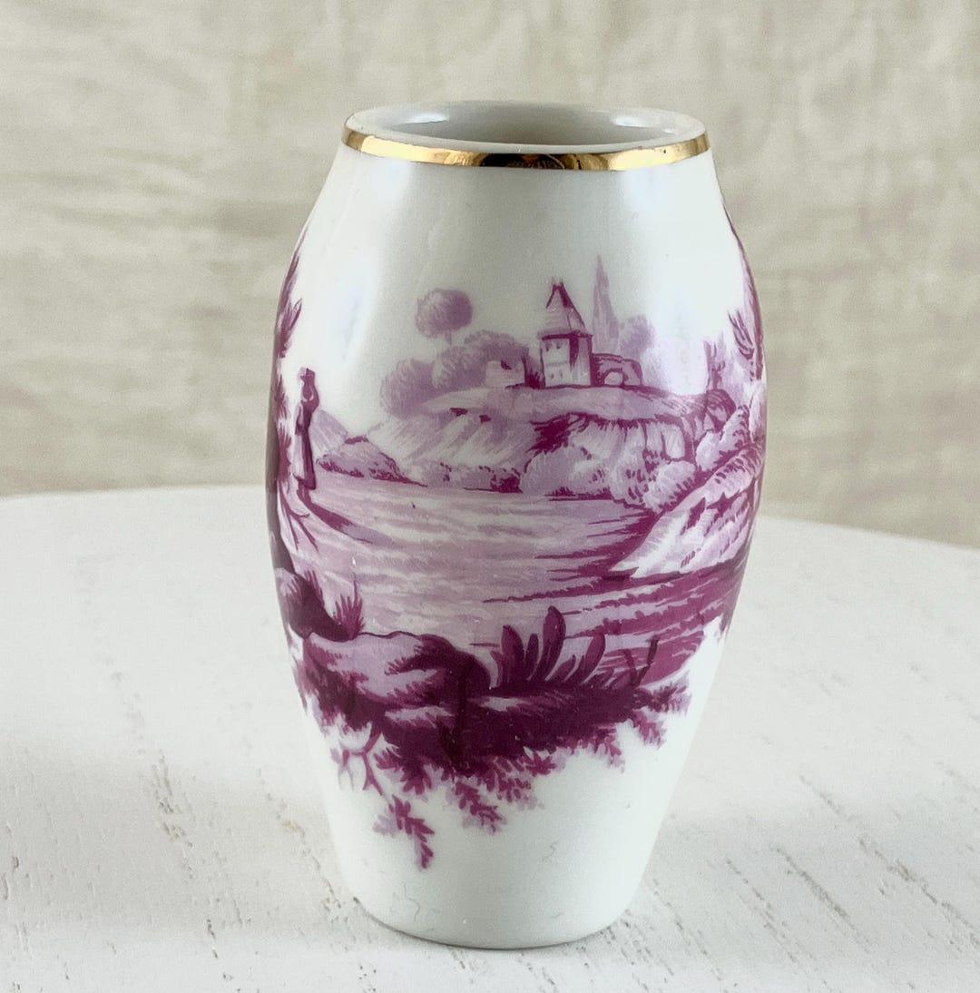 Vintage Porcelaine De Paris Vase: 1980s Magenta Country Scene, Gold ...