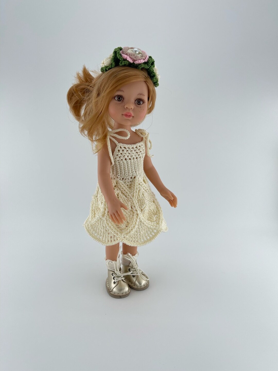 Custom Crotcheted White Dress and Rose Petal Headband for Paola Reina ...