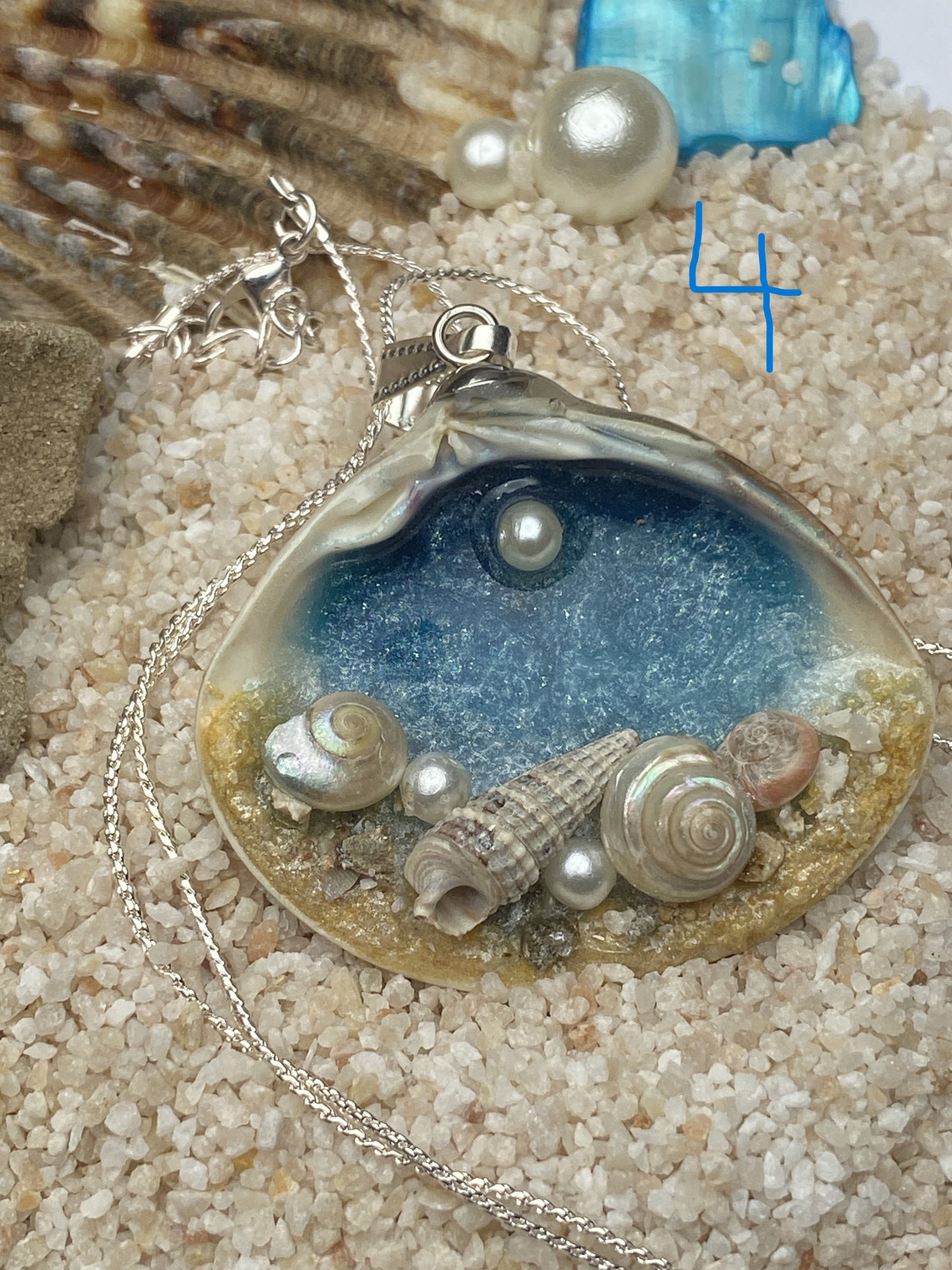 Seashell Necklace, Handmade Resin Art, Ocean and Waves, Sand, Pearls ...