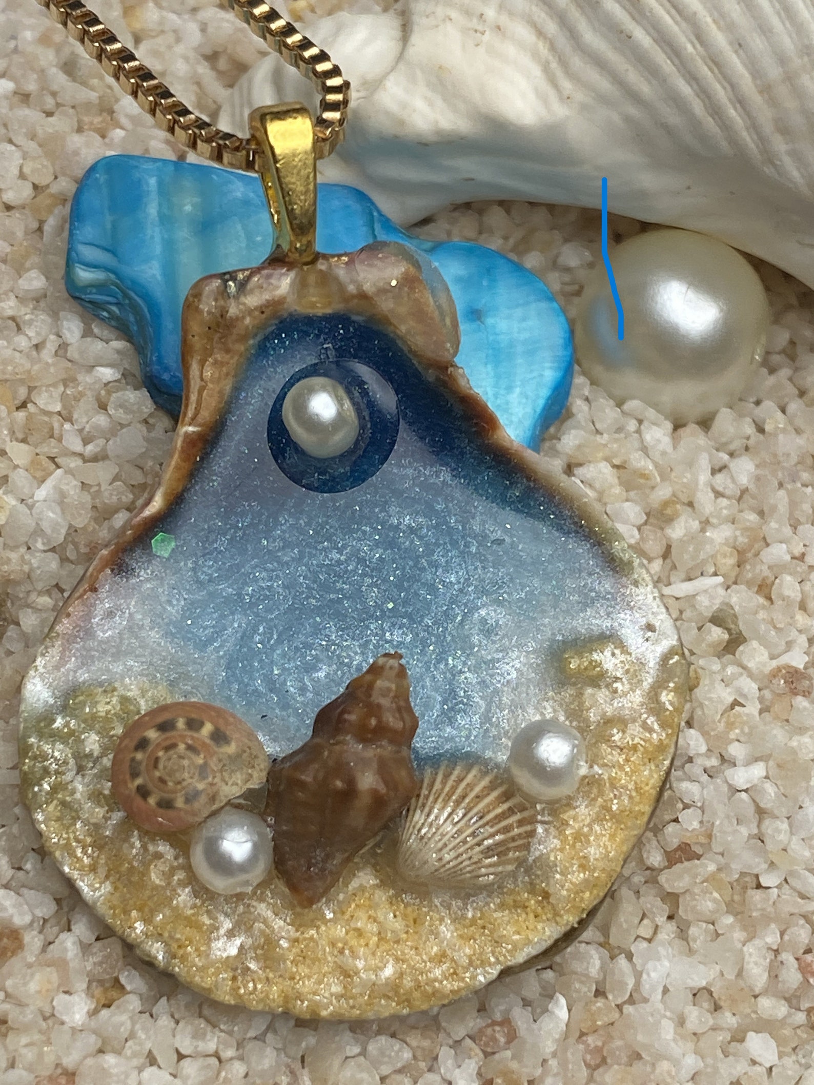 Seashell Necklace, Handmade Resin Art, Ocean and Waves, Sand, Pearls ...
