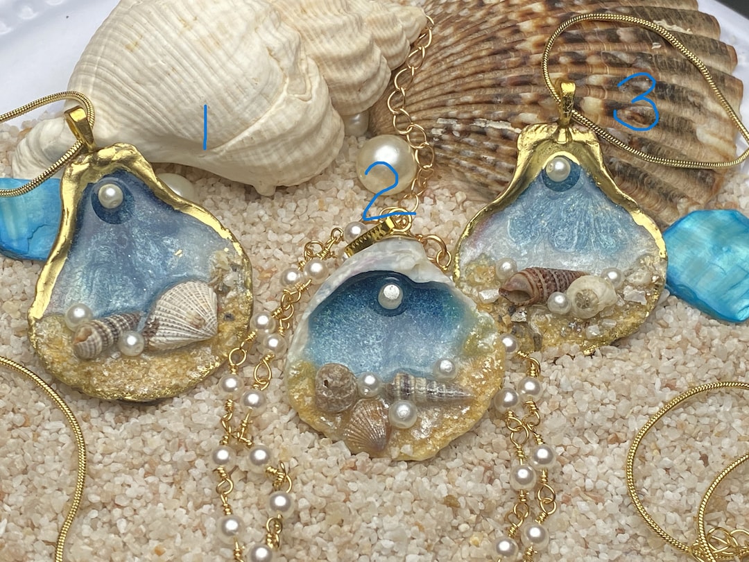 Seashell Necklace, Handmade Resin Art, Ocean and Waves, Sand, Pearls ...