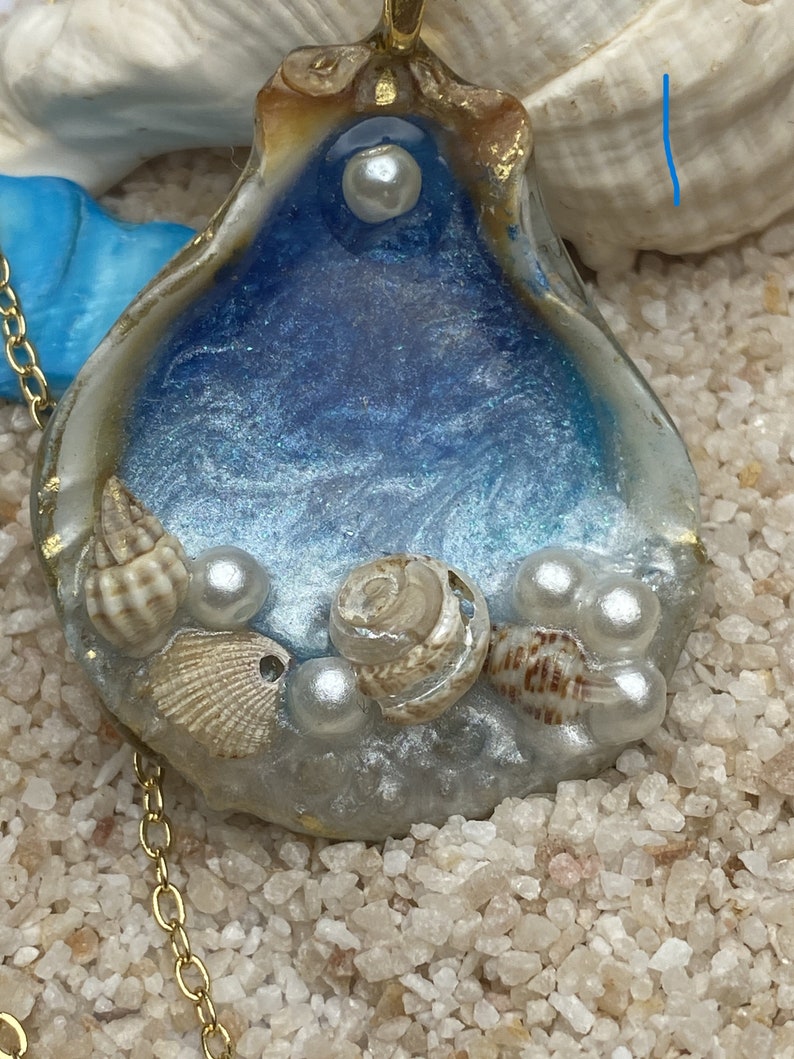 Seashell Necklace, Handmade Resin Art, Ocean and Waves, Sand, Pearls ...