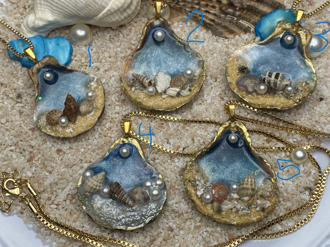 Seashell Necklace, Handmade Resin Art, Ocean and Waves, Sand, Pearls ...