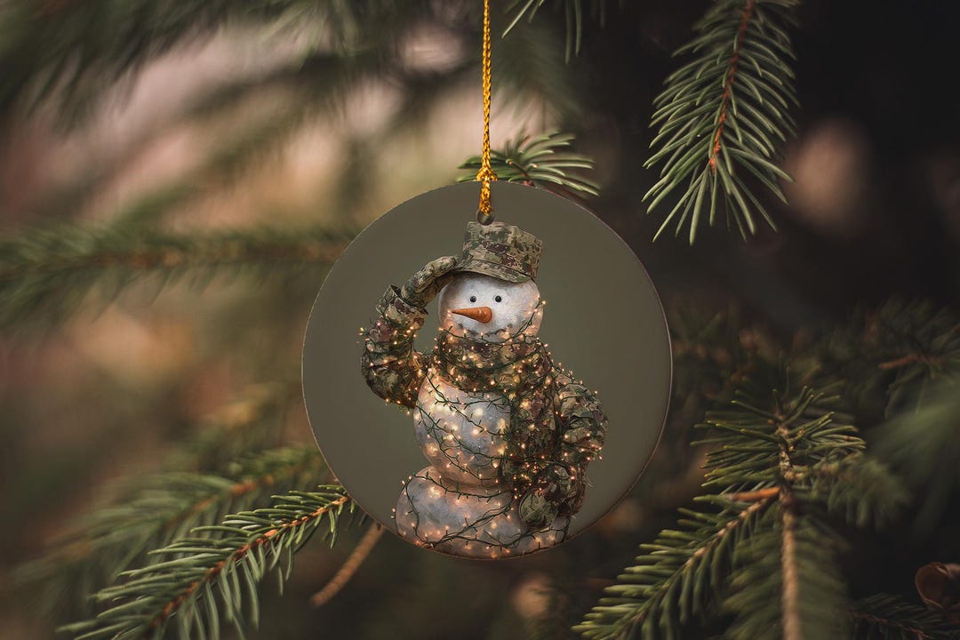 Military Snowman Ornament: Camo Salute, Christmas Lights - Veteran Gift ...