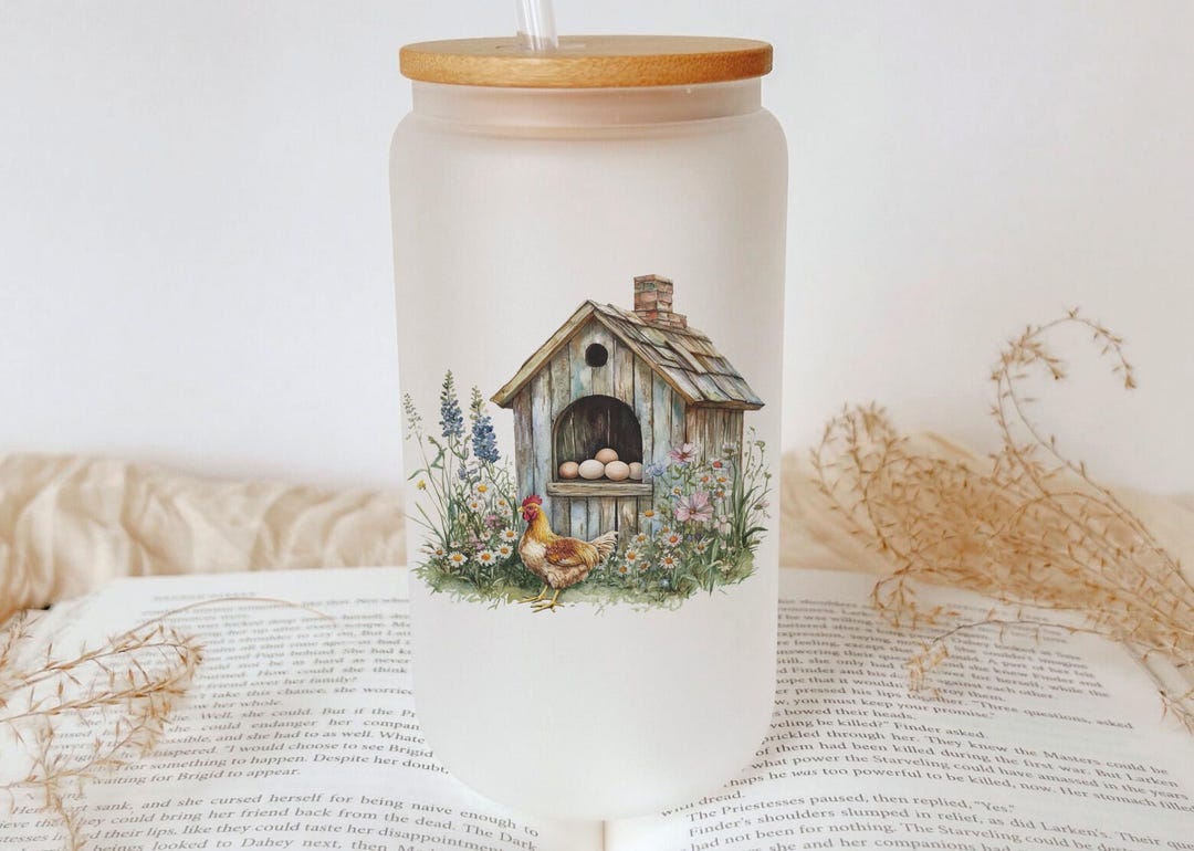 Country Chicken Coop Glass Tumbler, Farm Hen Cup, Flowers Glassware ...